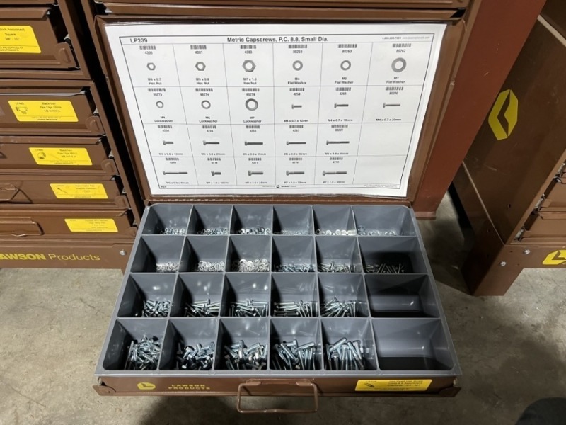 Bolt Bins (5), Hose Clamp Rack, Cabinet | J. Stout Auction